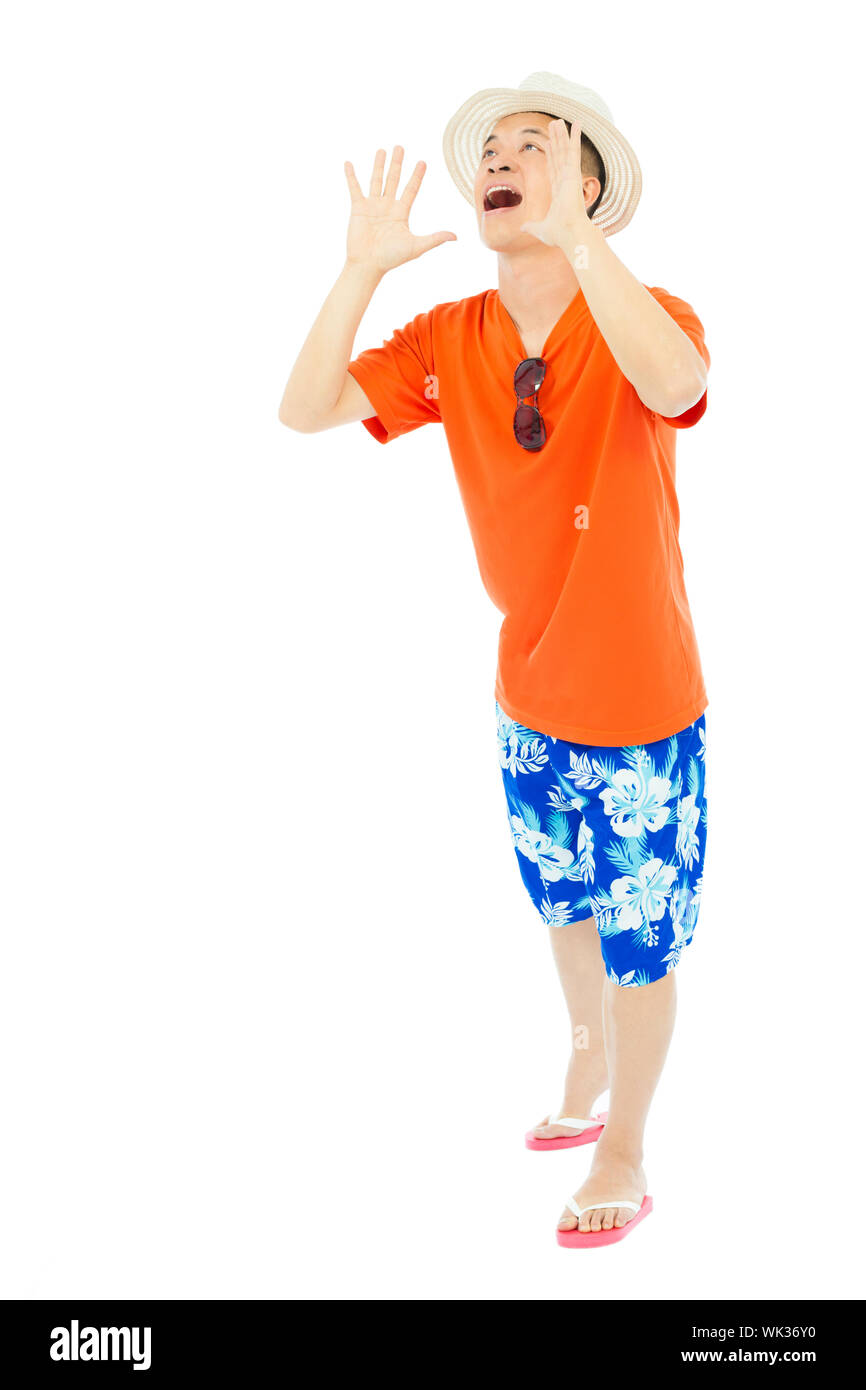 happy young man raise hands to yell Stock Photo - Alamy