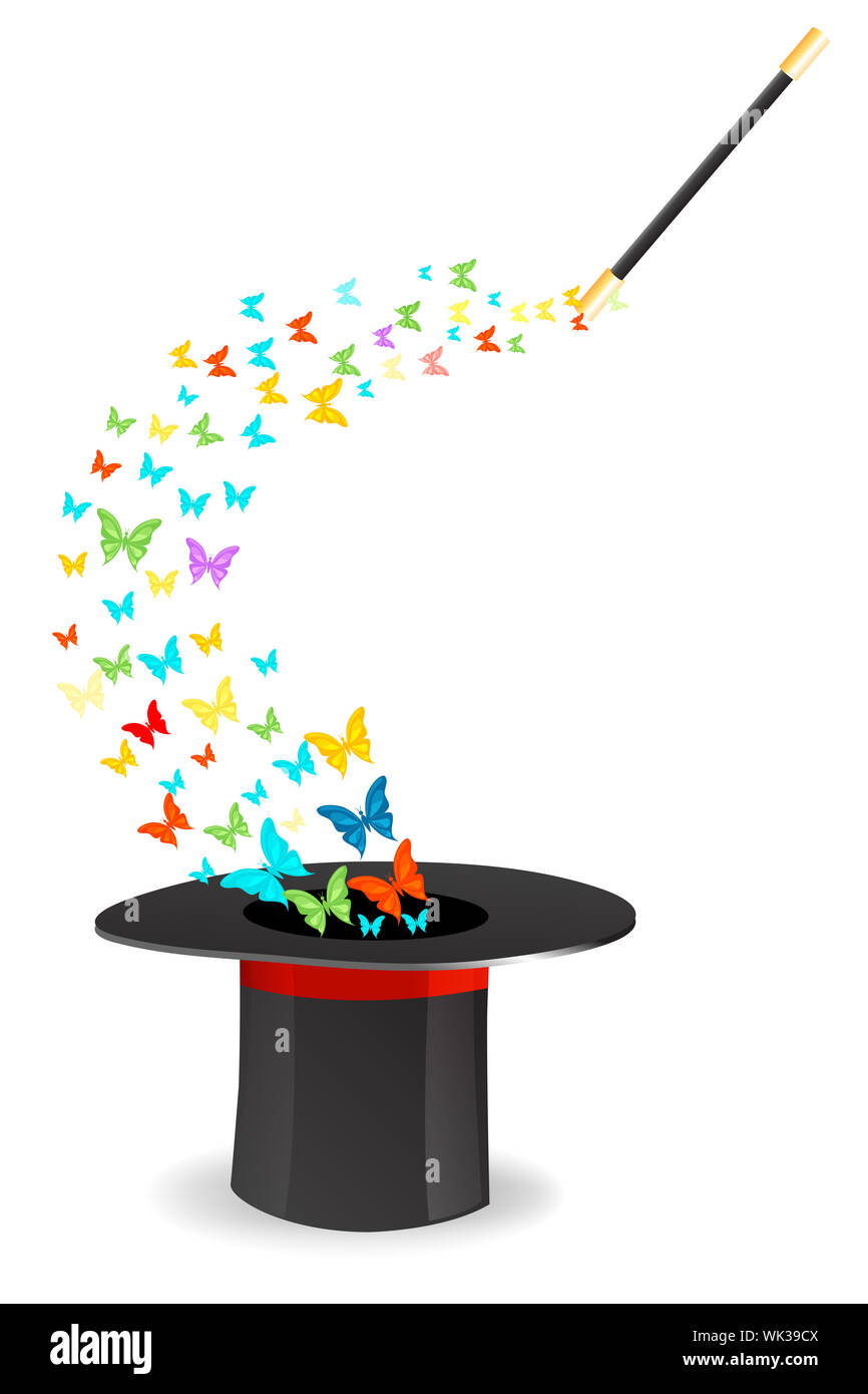illustration of butterflies coming out of magic hat on isolated ...