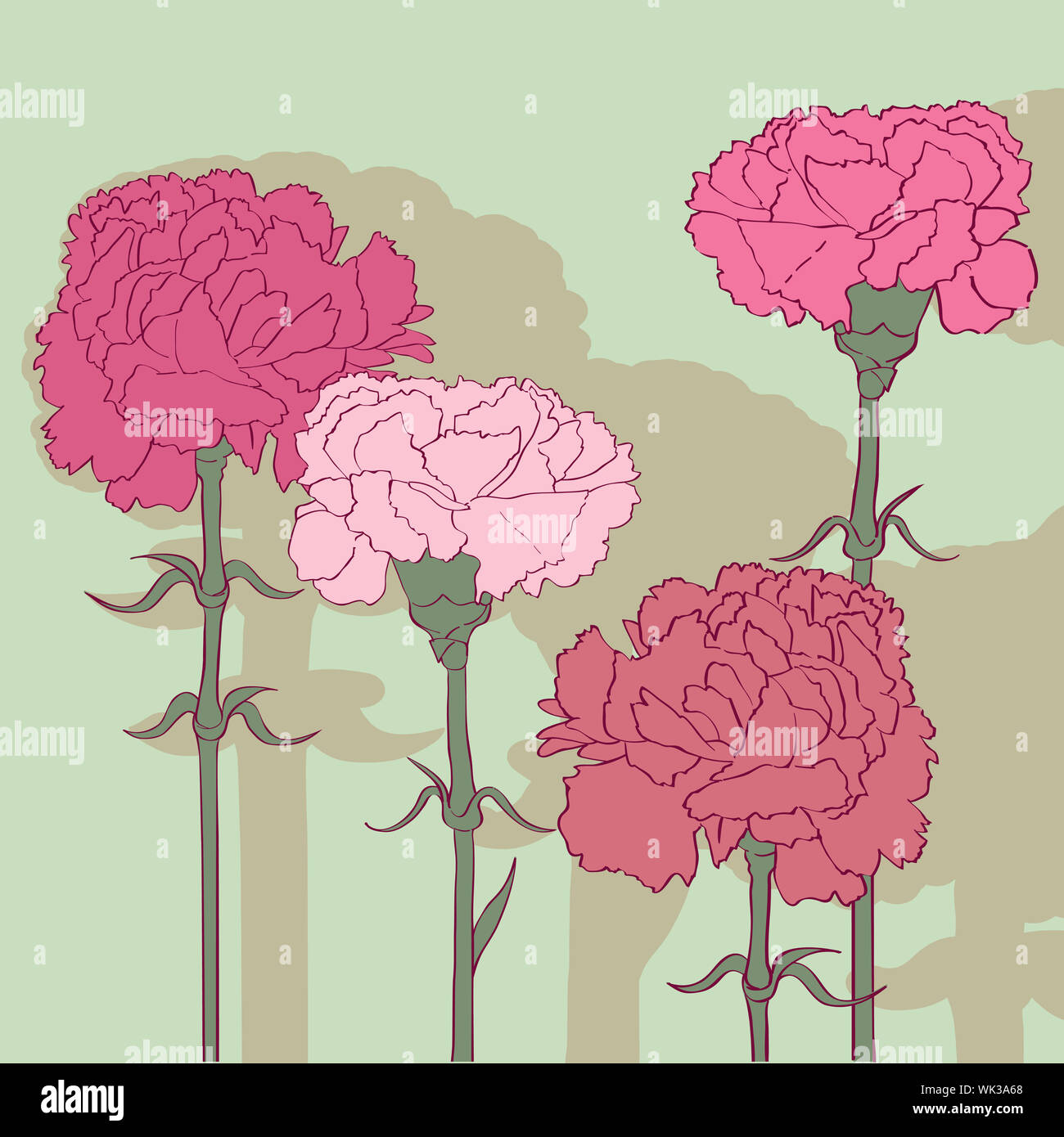 Carnations card, hand drawn illustration of four cartoon flowers with ...