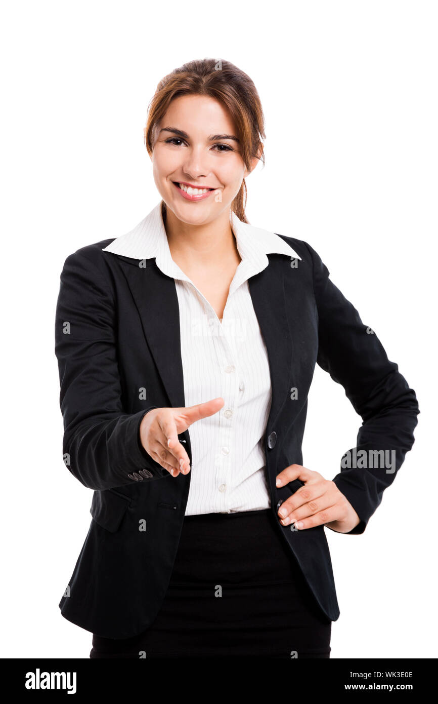 Beautiful hispanic business woman giving a handshake, over a white ...