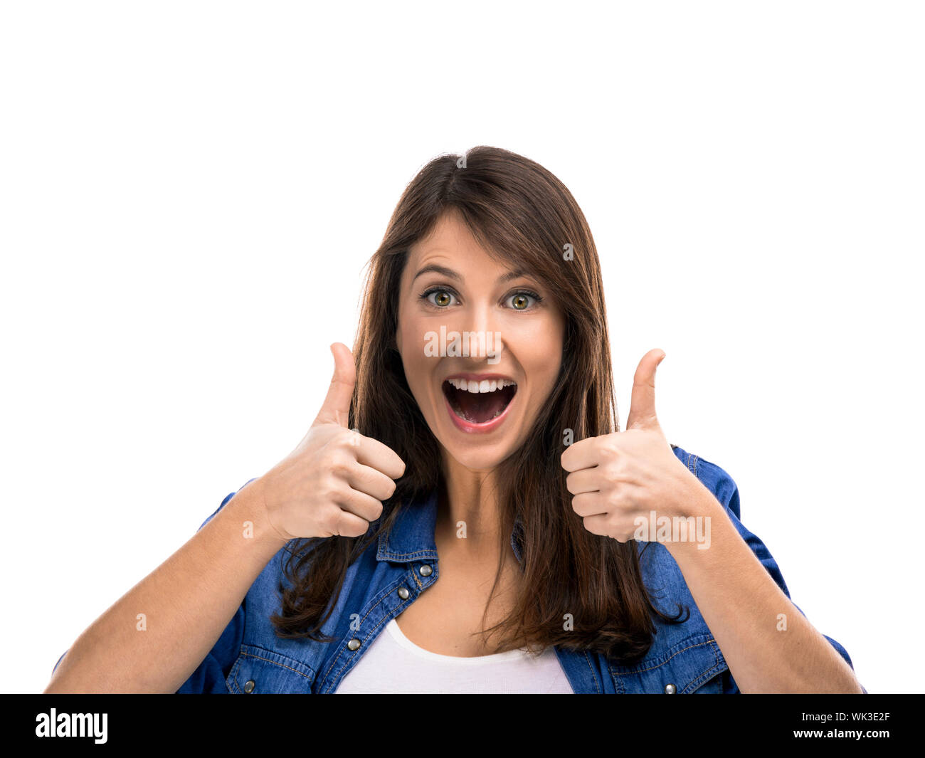 Beautiful woman with thumbs up, isolated over white background Stock ...