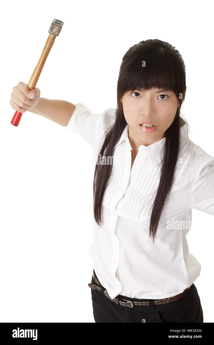 Angry business woman using hammer, closeup portrait over white ...