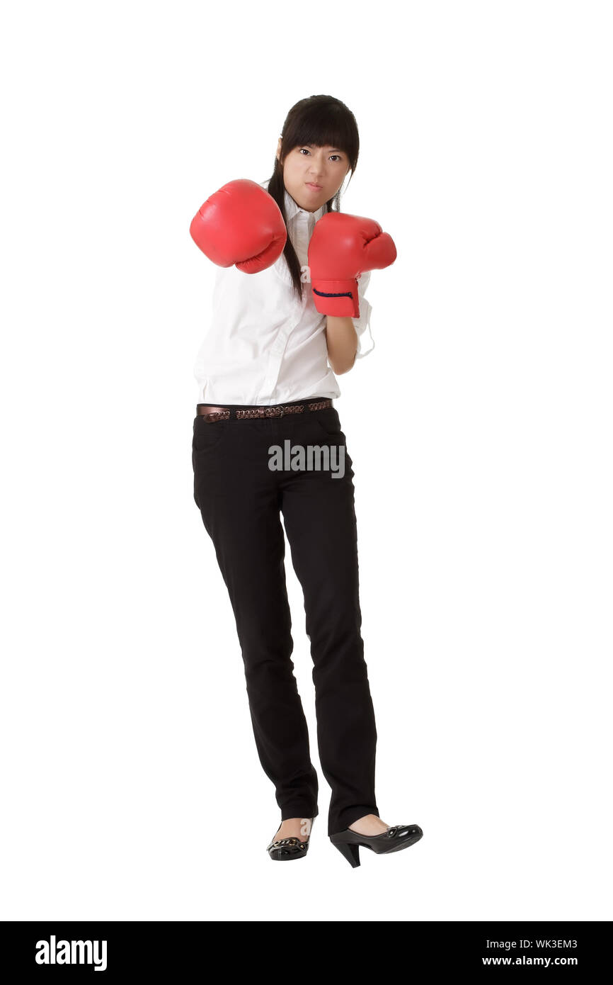 Business woman hit, full length portrait isolated over white Stock ...