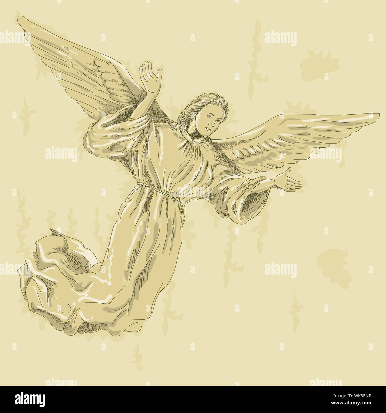 hand drawn sketched illustration of an Angel with arms spread wearing a ...
