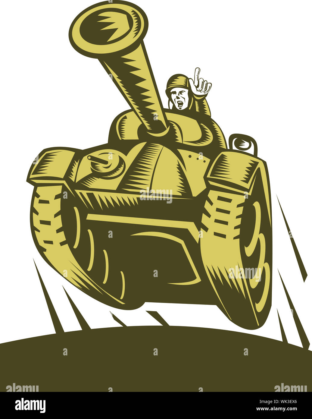 illustration of a Battle tank flying with soldier pointing forward ...