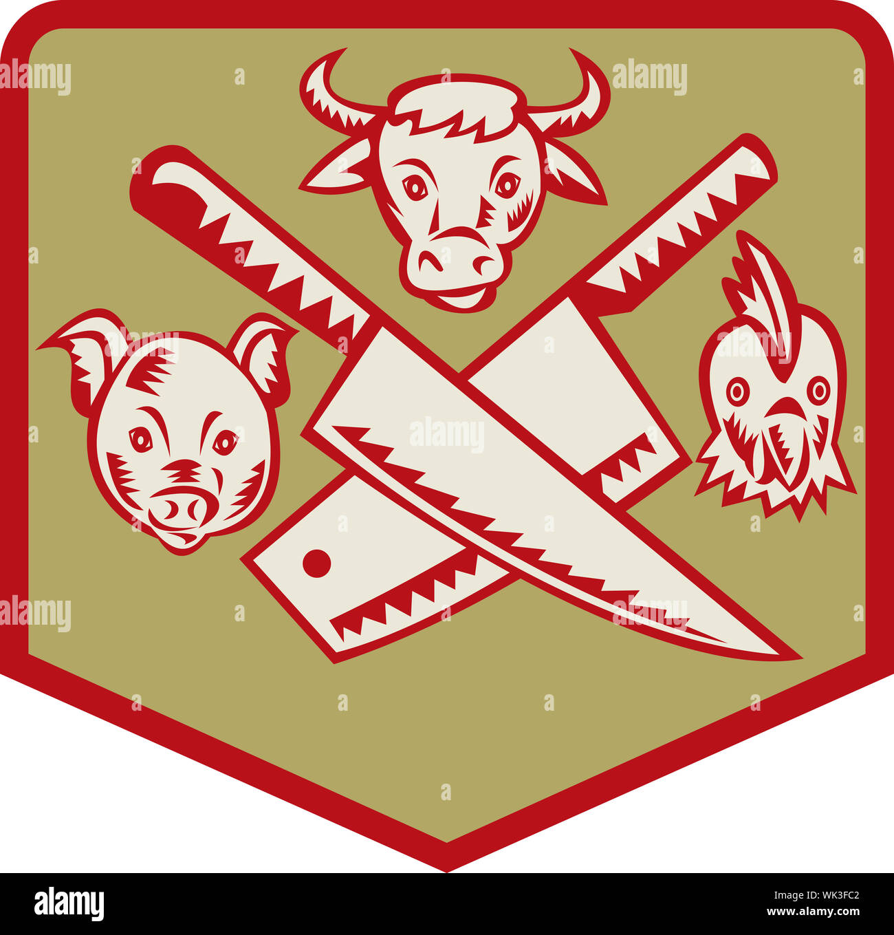 Imagery shows a Cow,pig and chicken with crossed butcher knife set ...