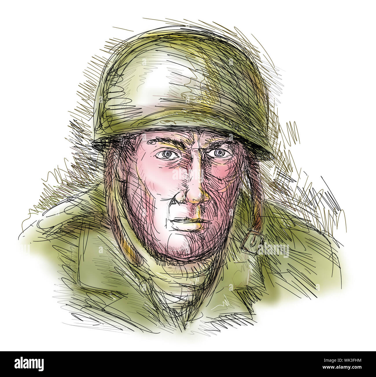 hand sketched drawn illustration of a Bust of a gritty World war two ...