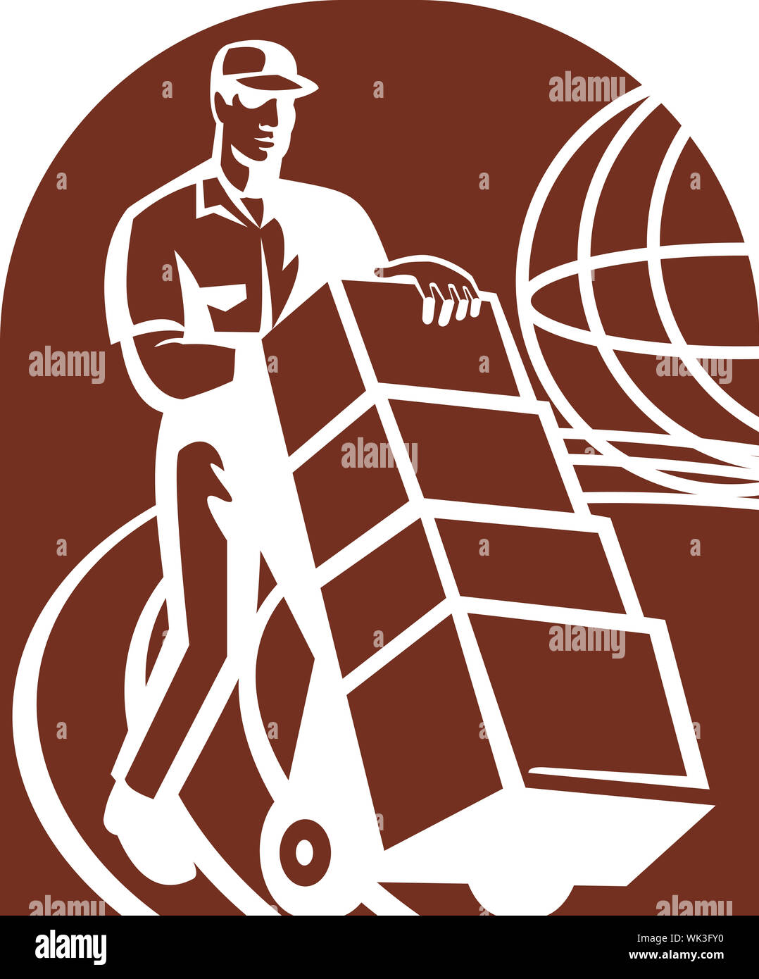 Imagery shows a Delivery person with handcart or push cart and world in ...