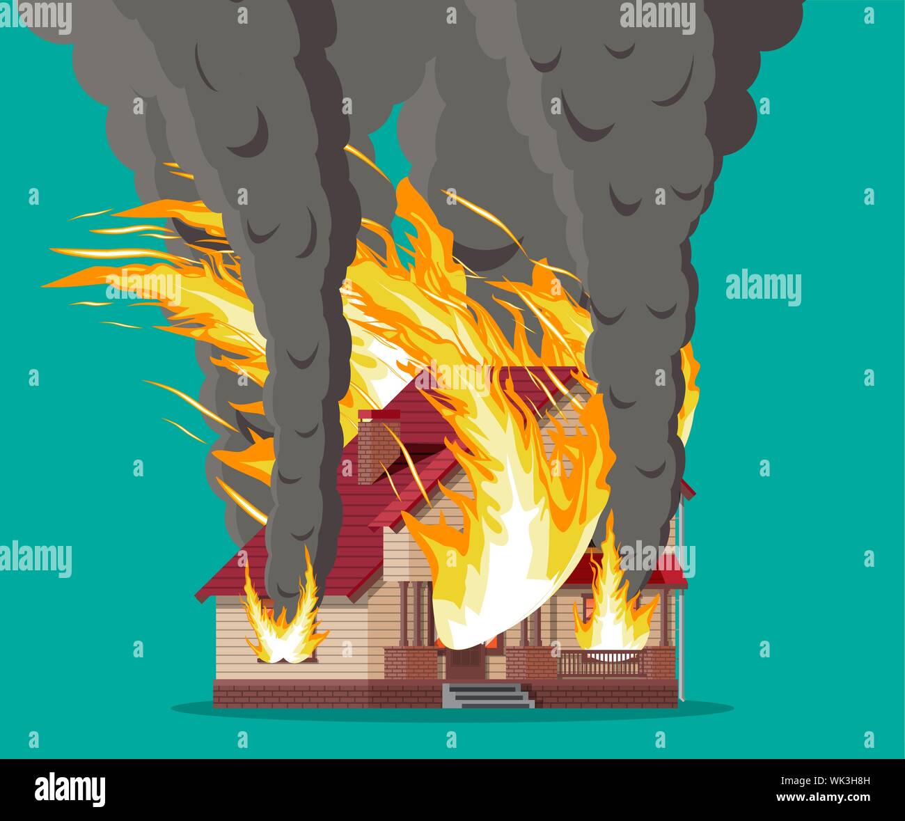 Wooden house burns. Fire in cottage. Orange flames in windows, black ...