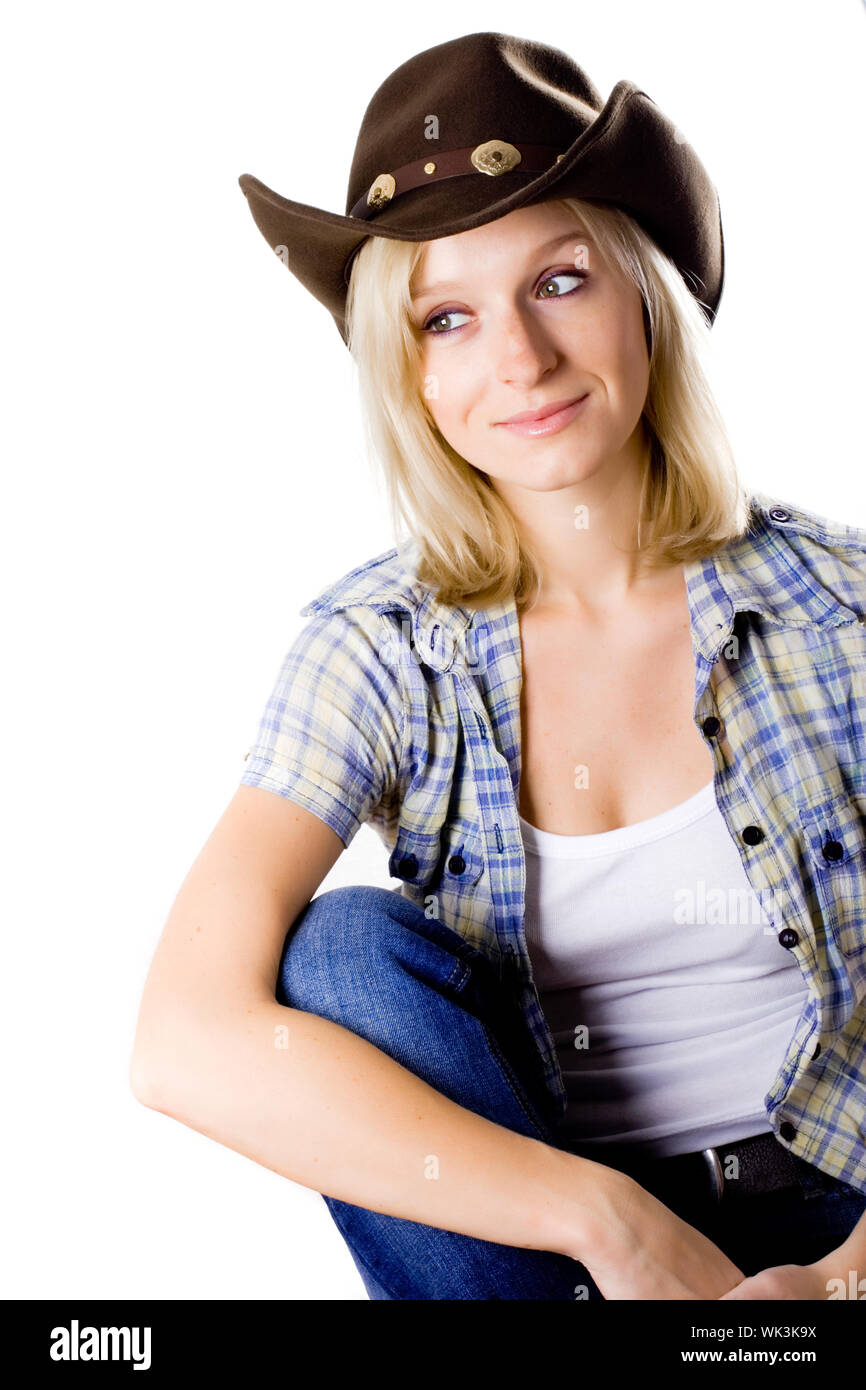 pretty western woman in cowboy shirt and hat isolated on white ...