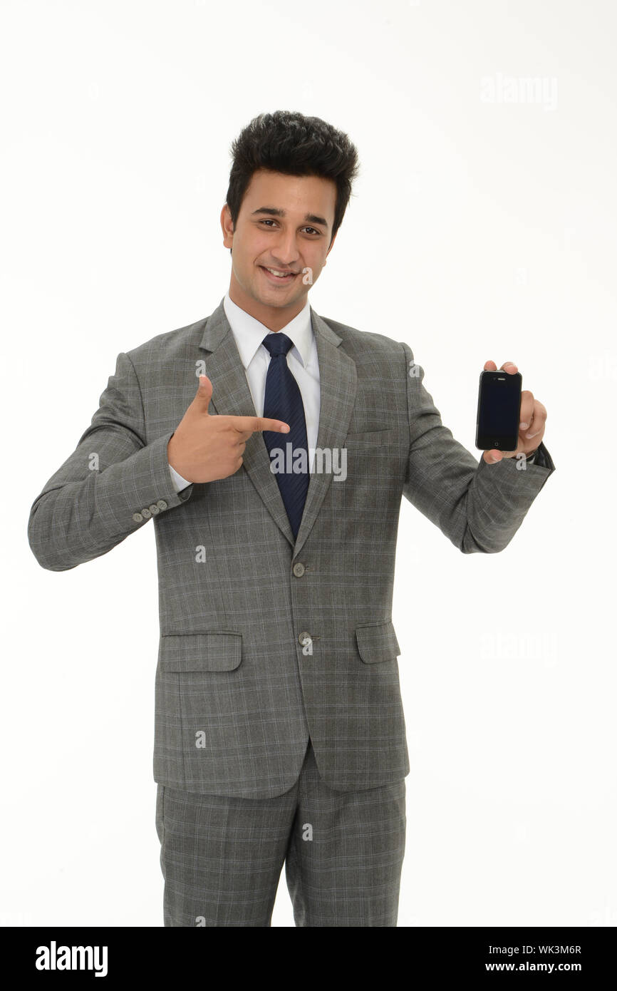 Salesman showing a smart phone Stock Photo - Alamy
