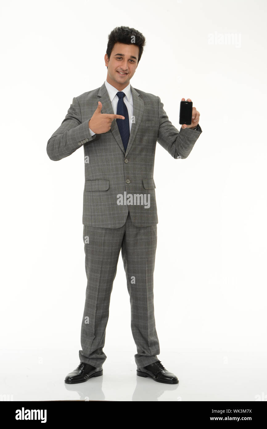 Salesman showing a smart phone Stock Photo - Alamy