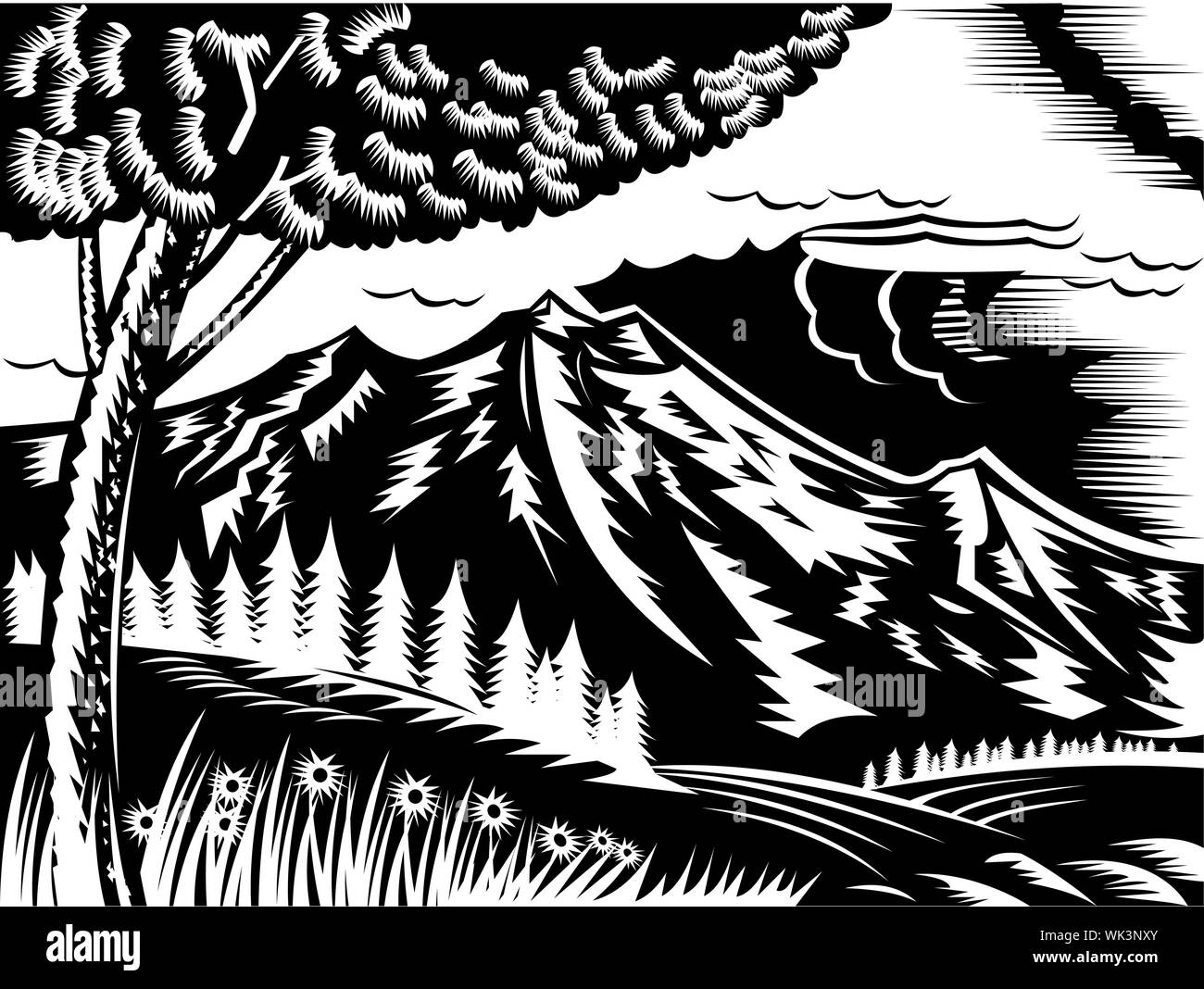 illustration of a mountain scene with tree and clouds done in retro ...
