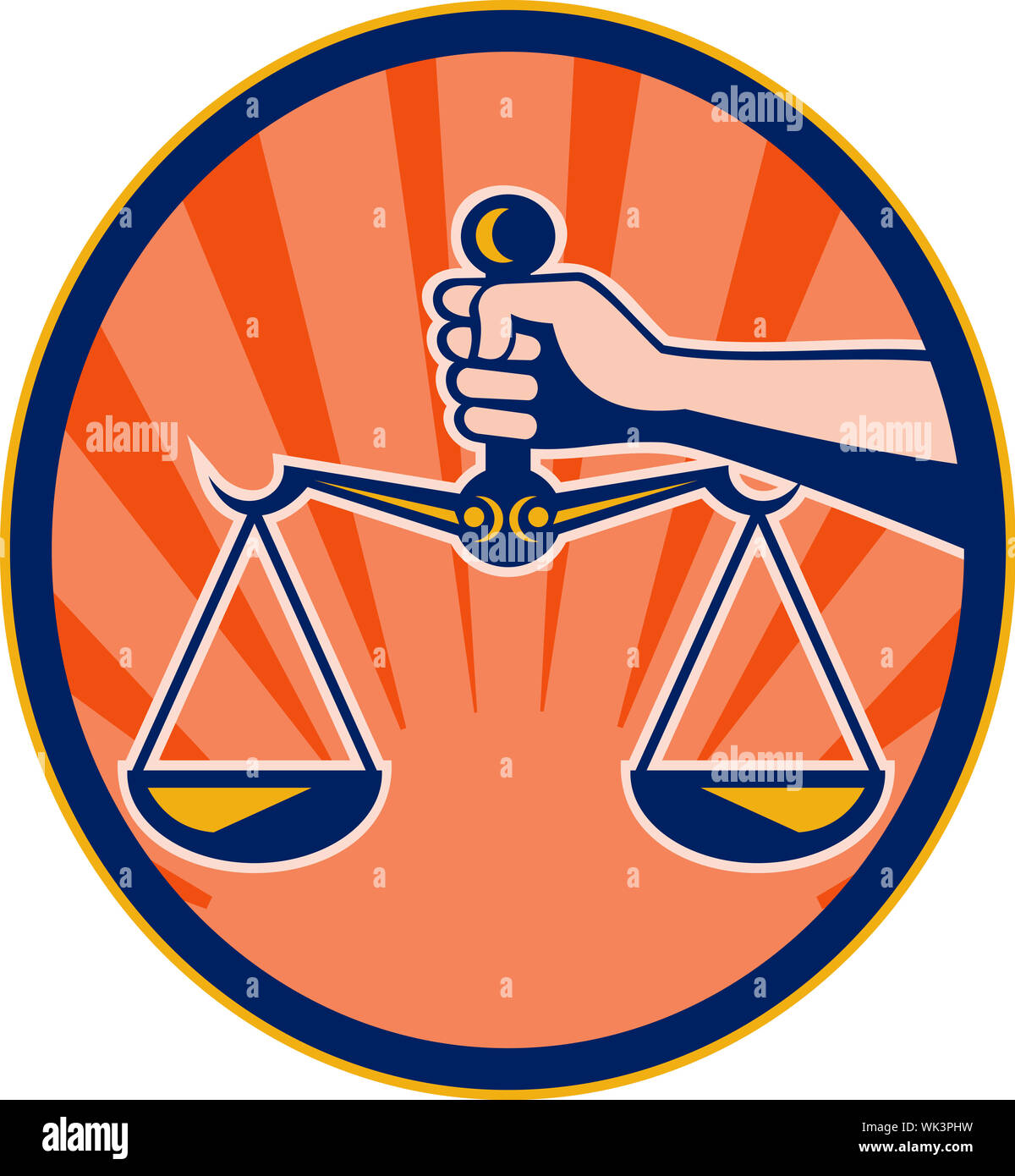 illustration of a Hand holding scales of justice set inside an oval ...