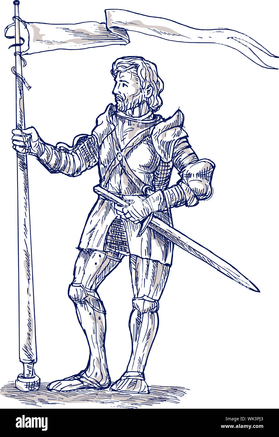 illustration of a Knight standing with lance and flag Stock Photo - Alamy
