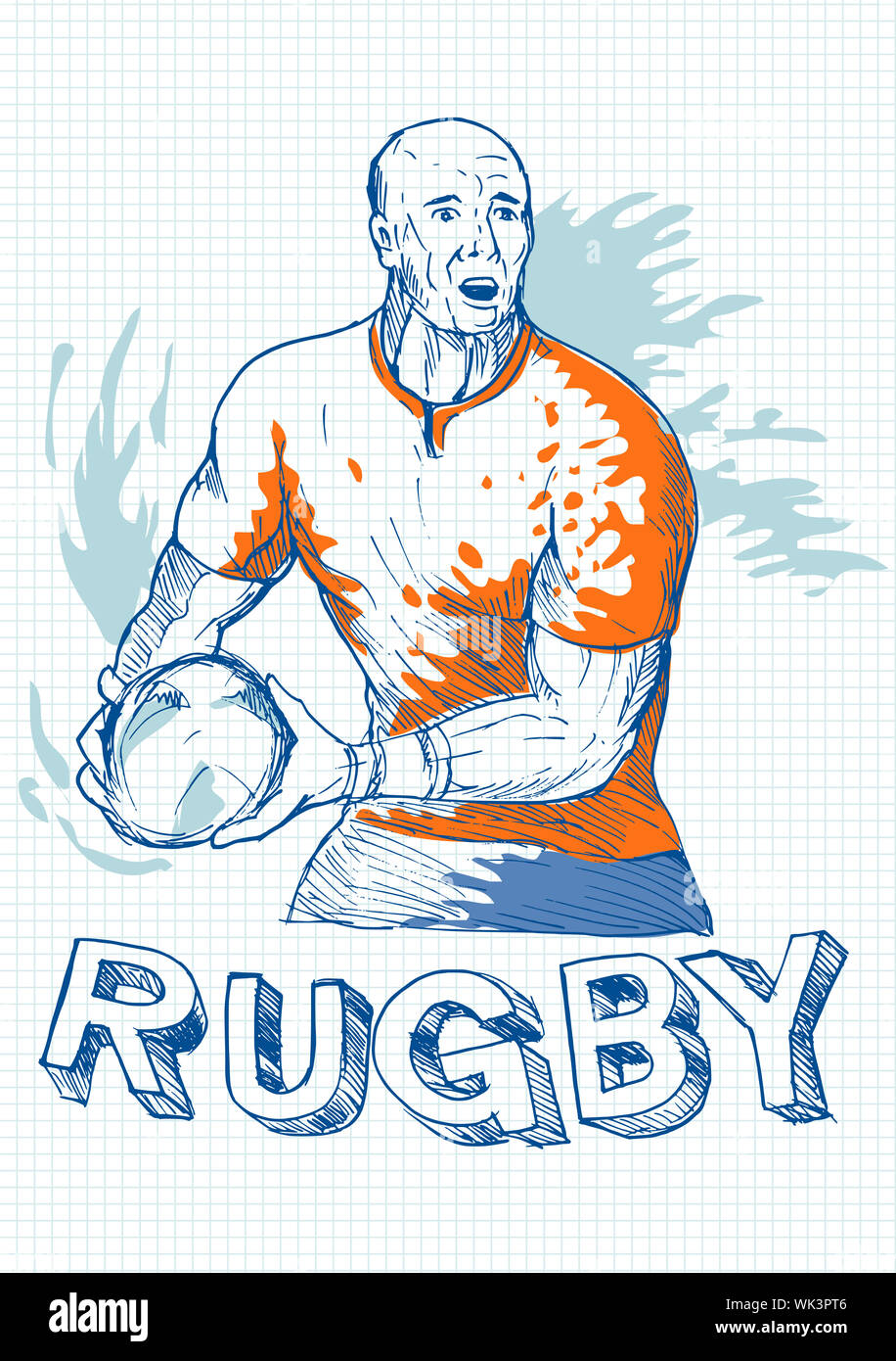 illustration of a hand sketch Rugby player running and passing ball ...