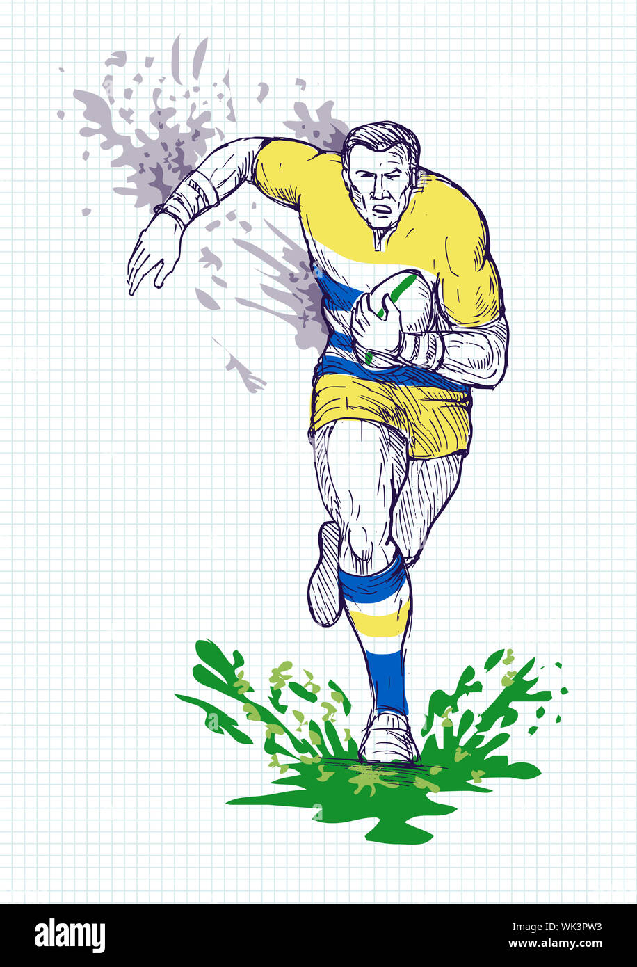 illustration of a hand sketch Rugby player running and passing ball ...