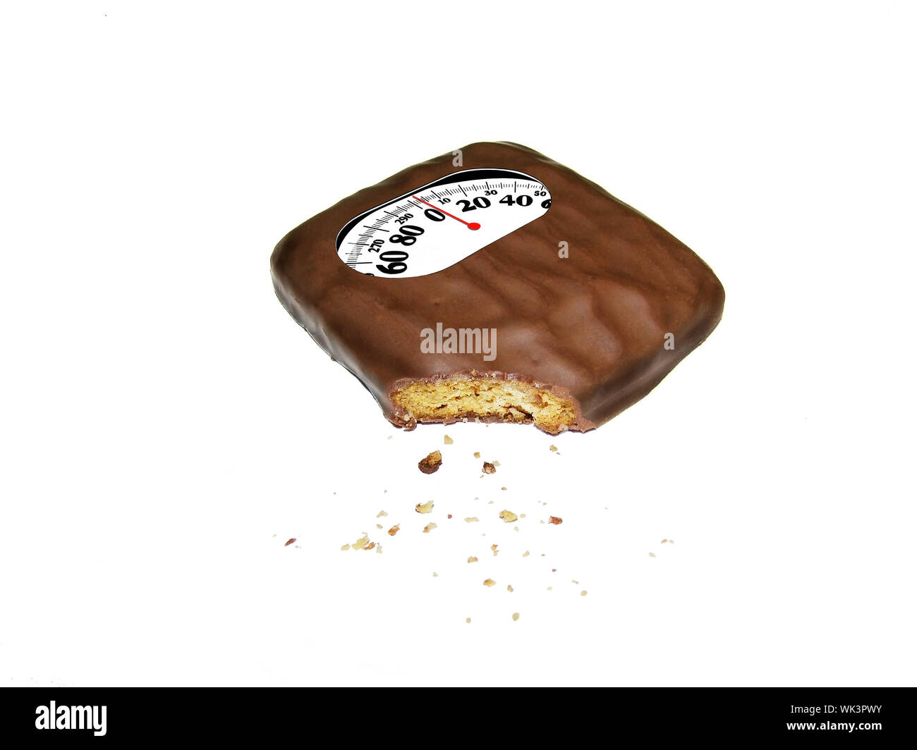 Weight scale made of a chocolate covered cookie that has a bite in it ...