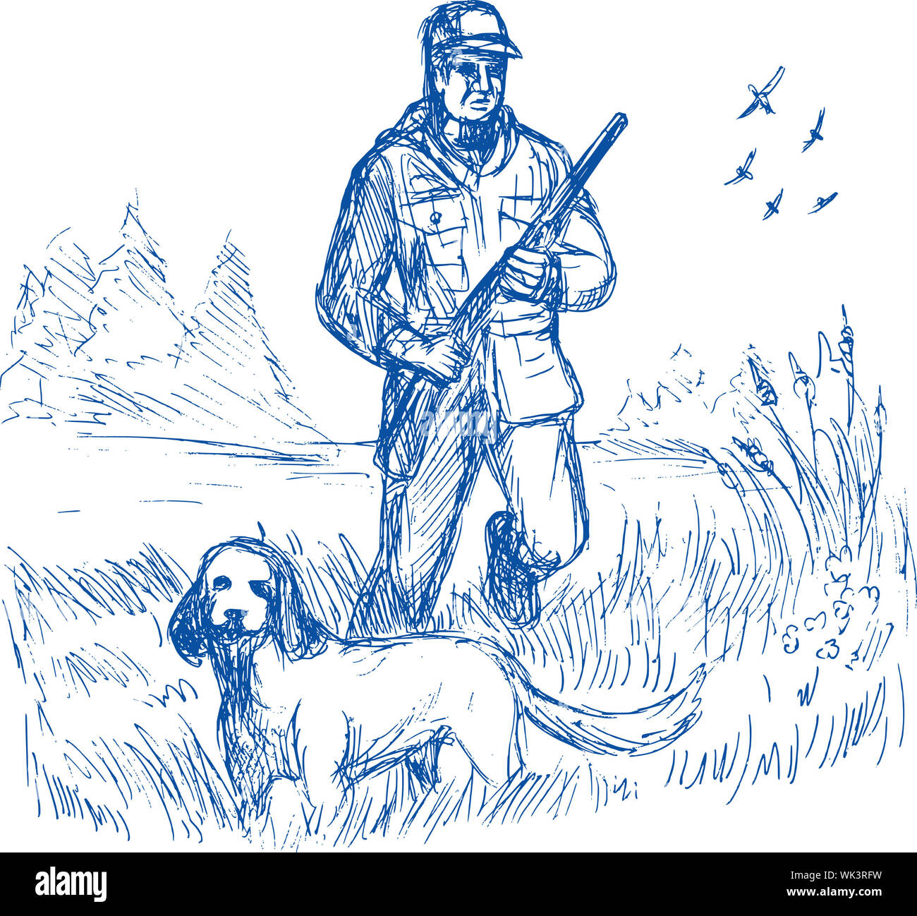 hand drawing sketch illustration of a Hunter and trained pointer gun ...
