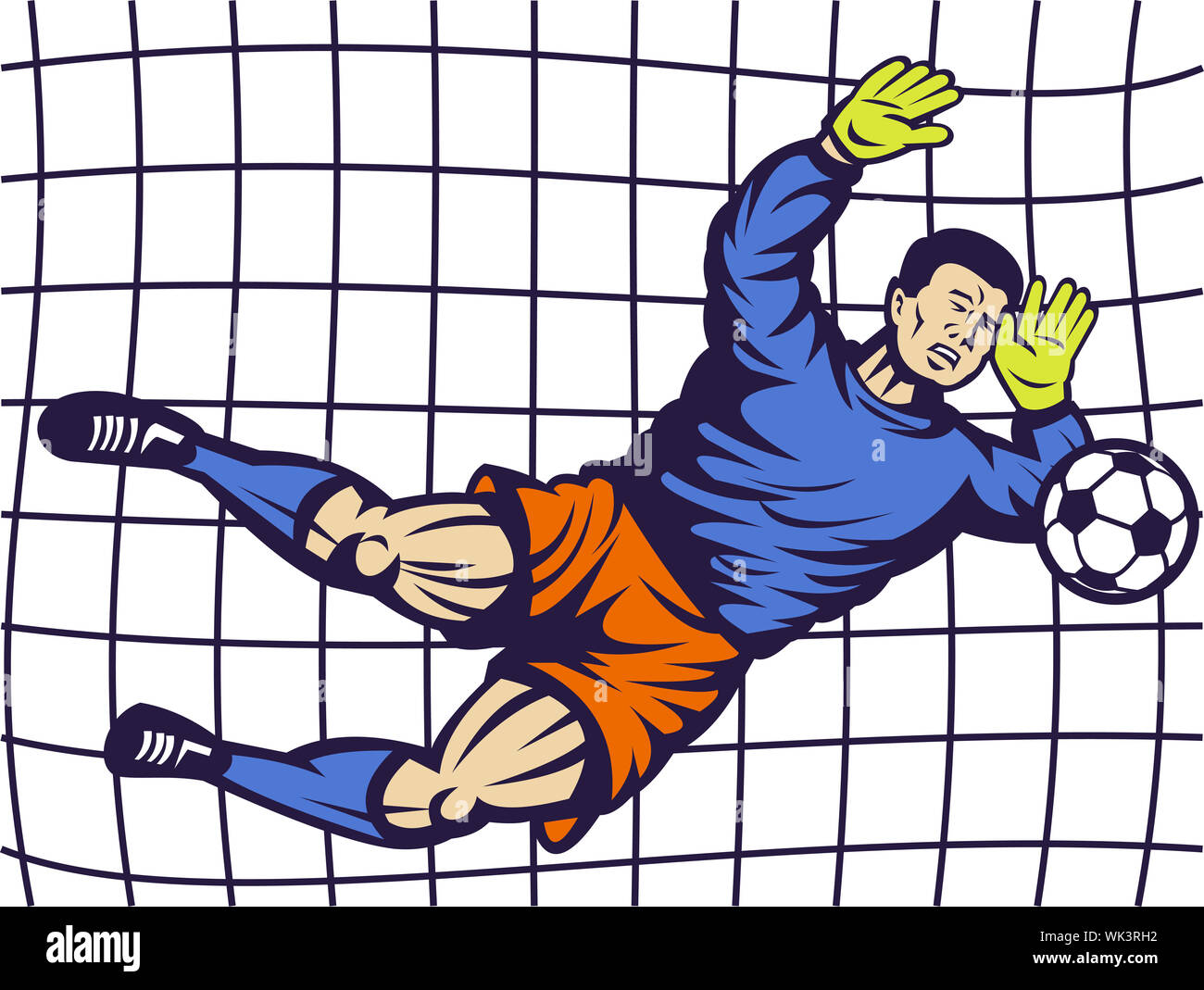 illustration of a Soccer football goalie keeper saving a goal with net ...
