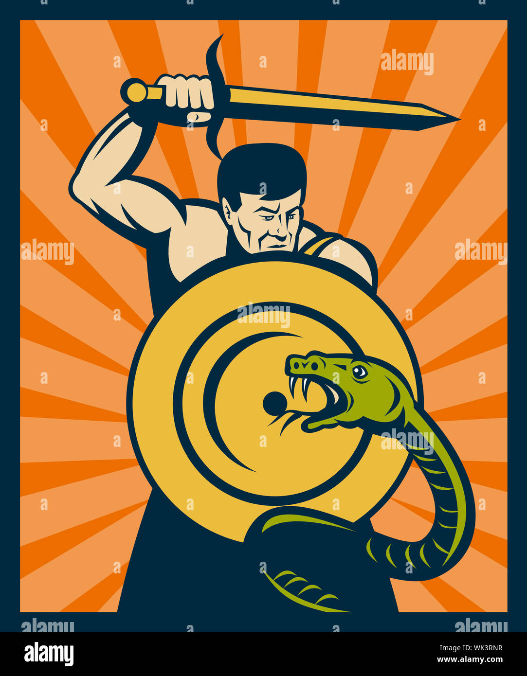 illustration of a Warrior with sword and shield striking a snake or ...