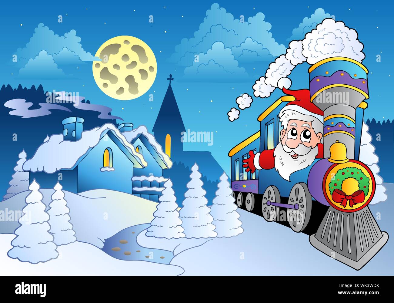 Santa on train near small village - vector illustration Stock Photo - Alamy