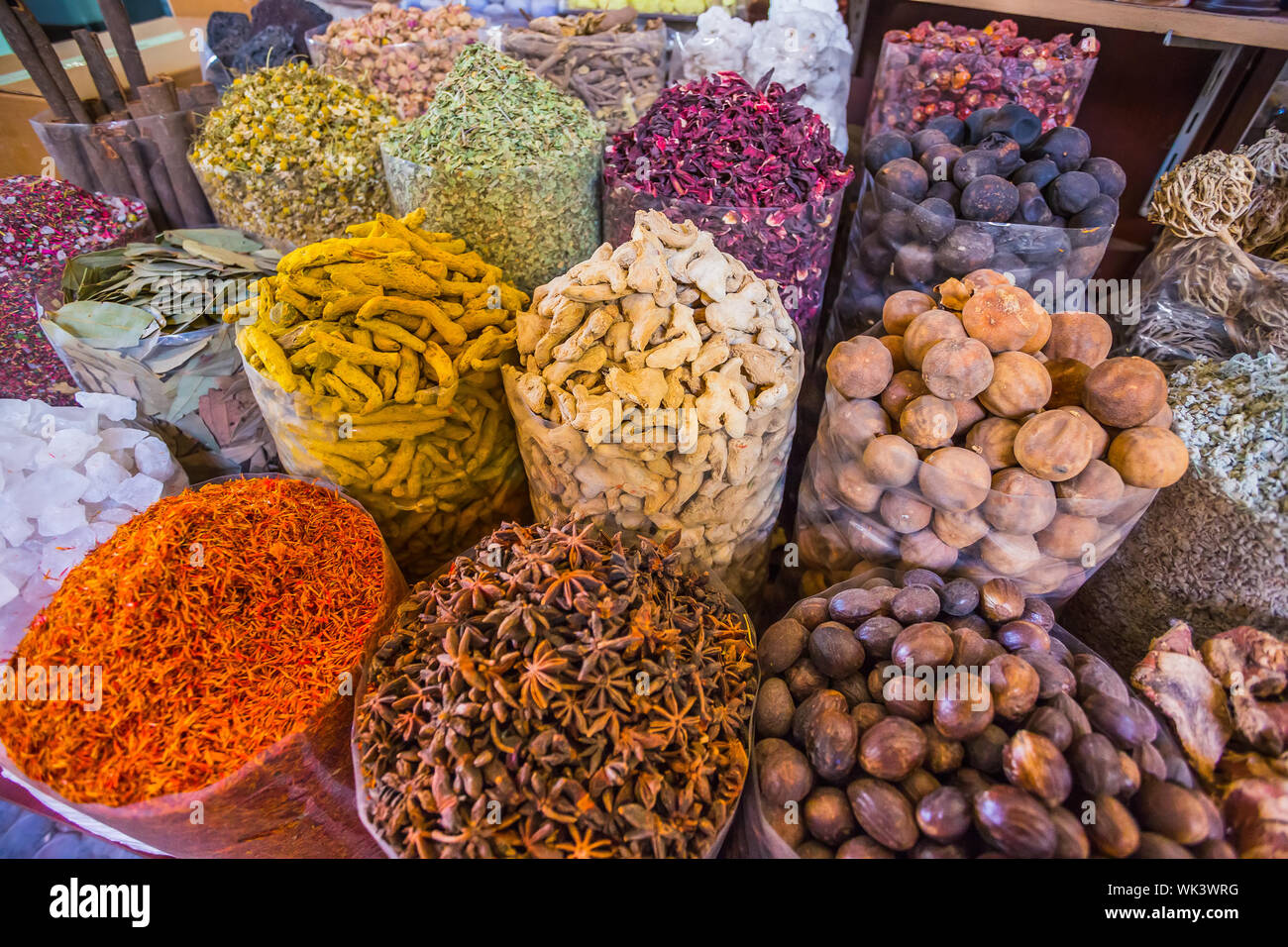 dried herbs flowers spices in the spice souq at Deira. UAE Dubai Stock ...