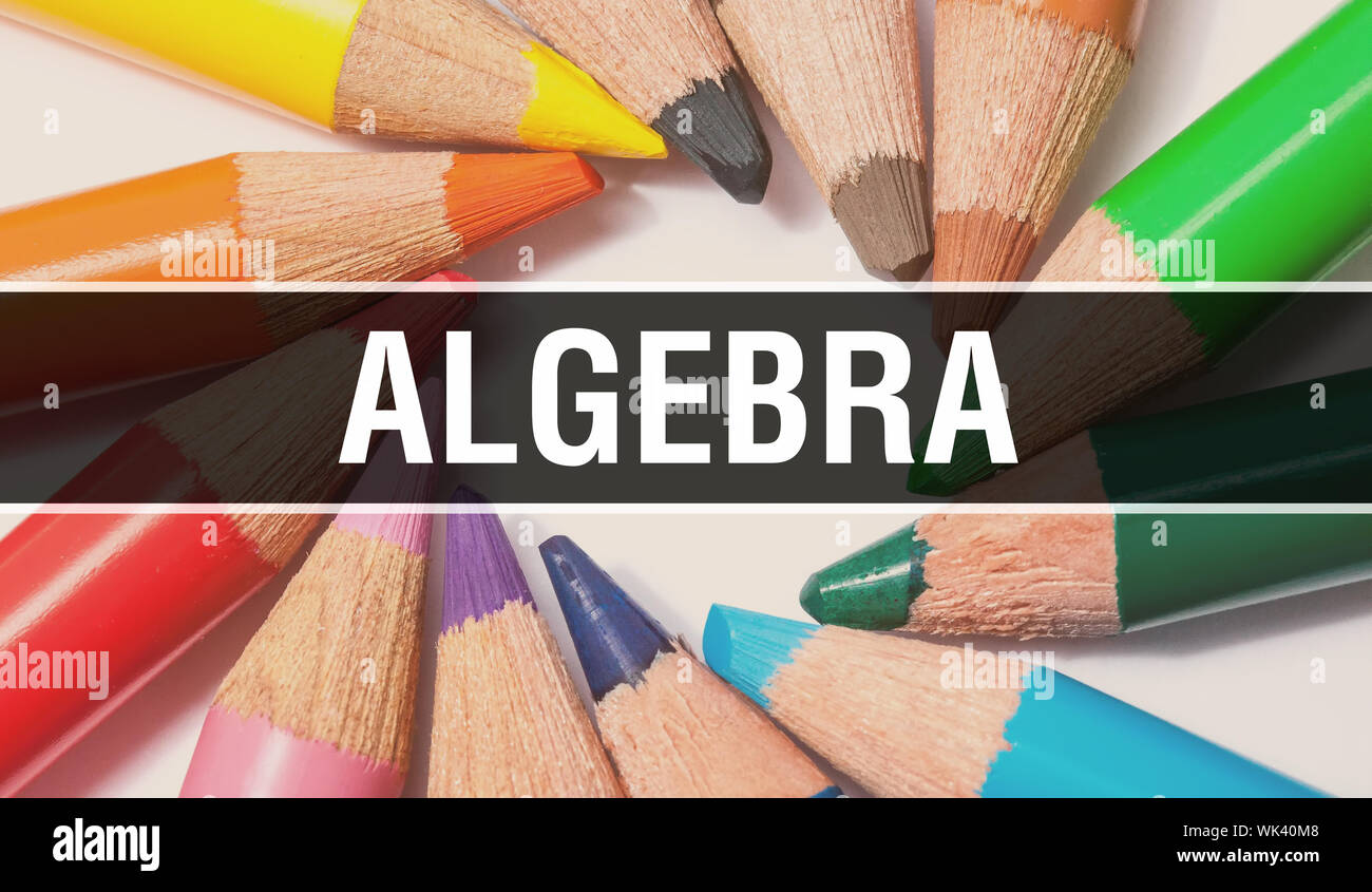 algebra concept banner with texture from colorful items of education ...
