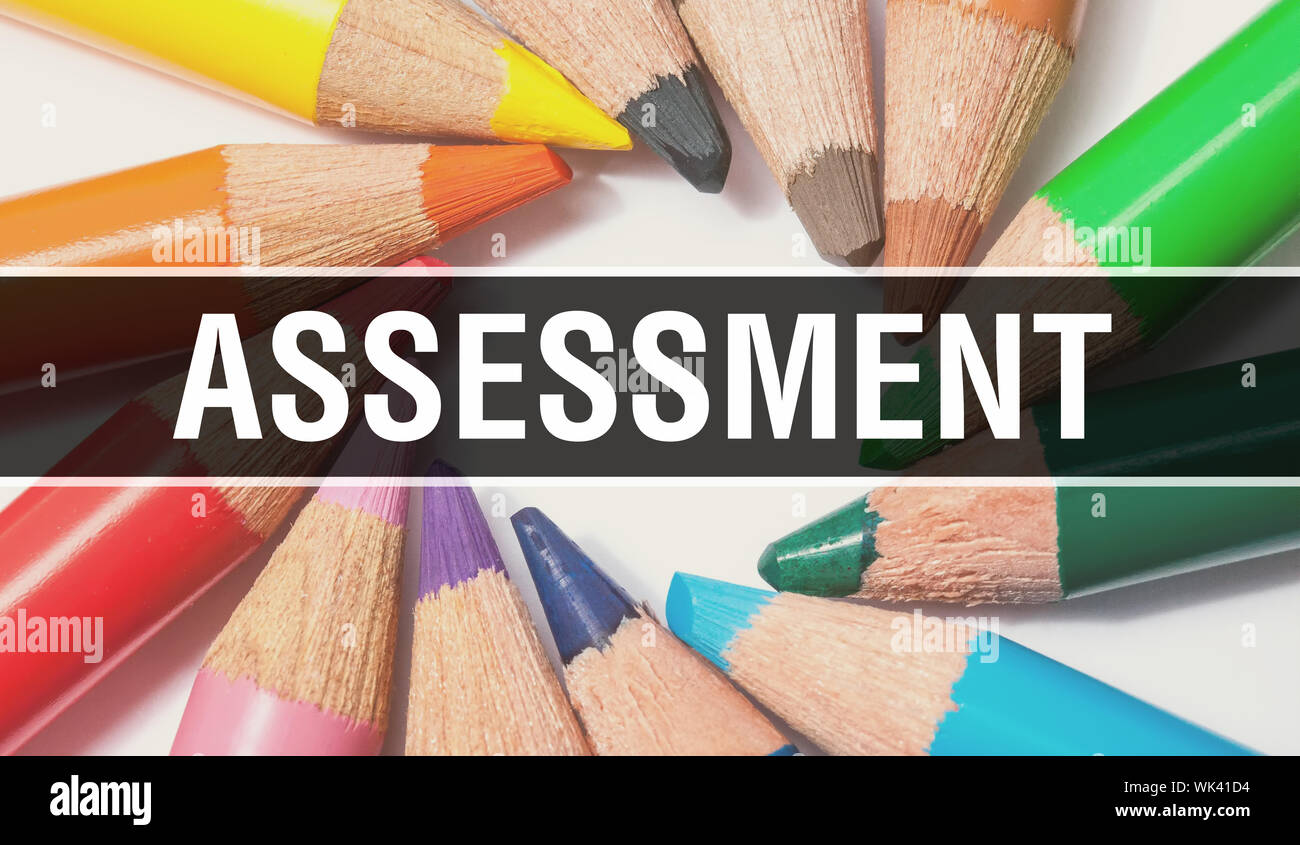 assessment concept banner with texture from colorful items of education ...