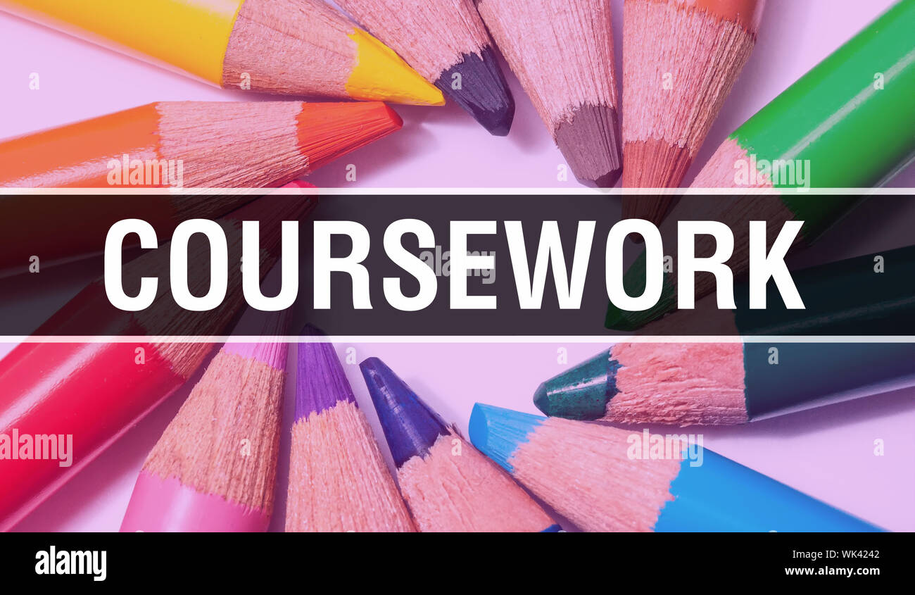 Coursework concept banner with texture from colorful items of education ...