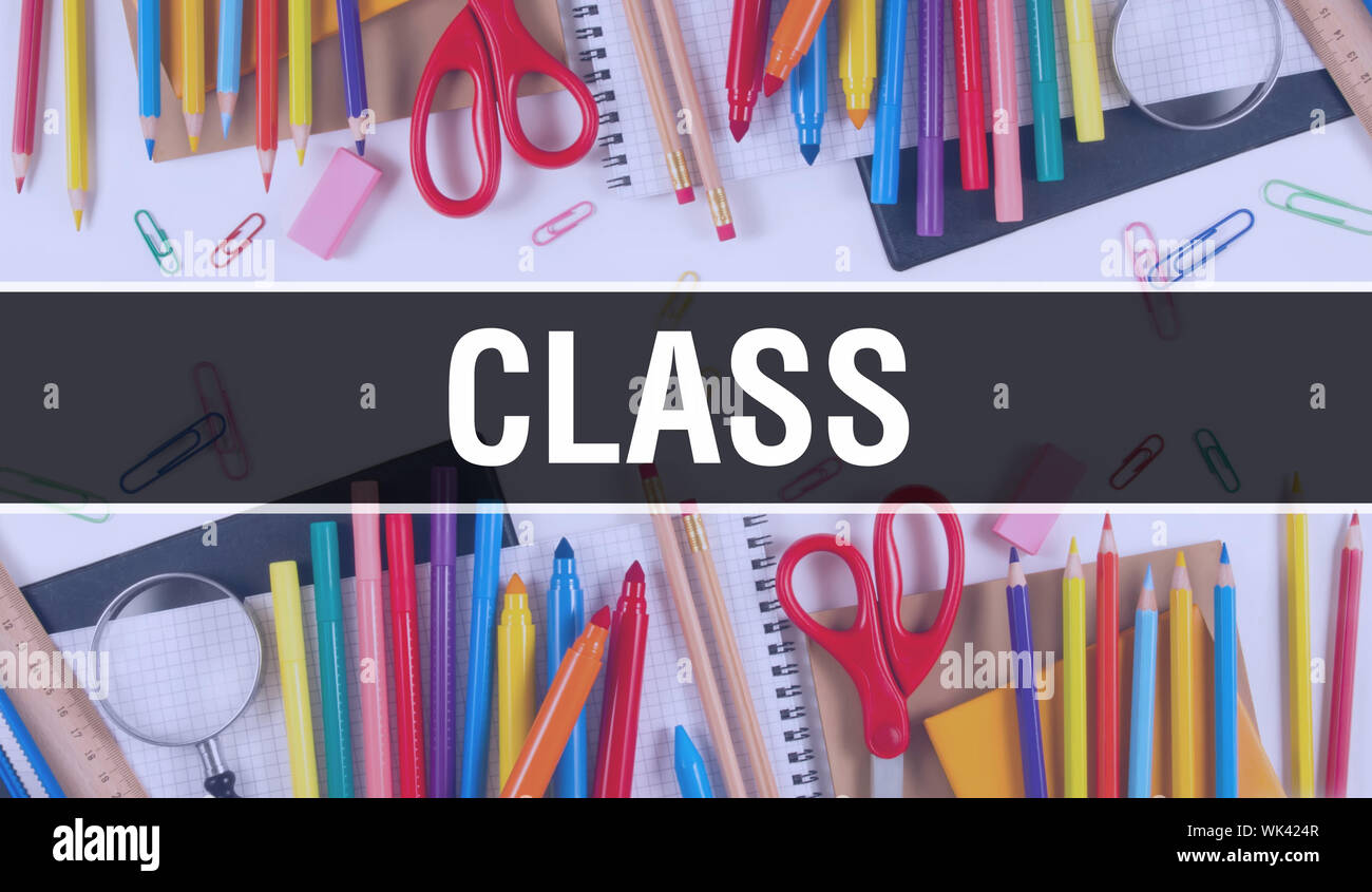 class with School supplies on blackboard Background. class text on ...