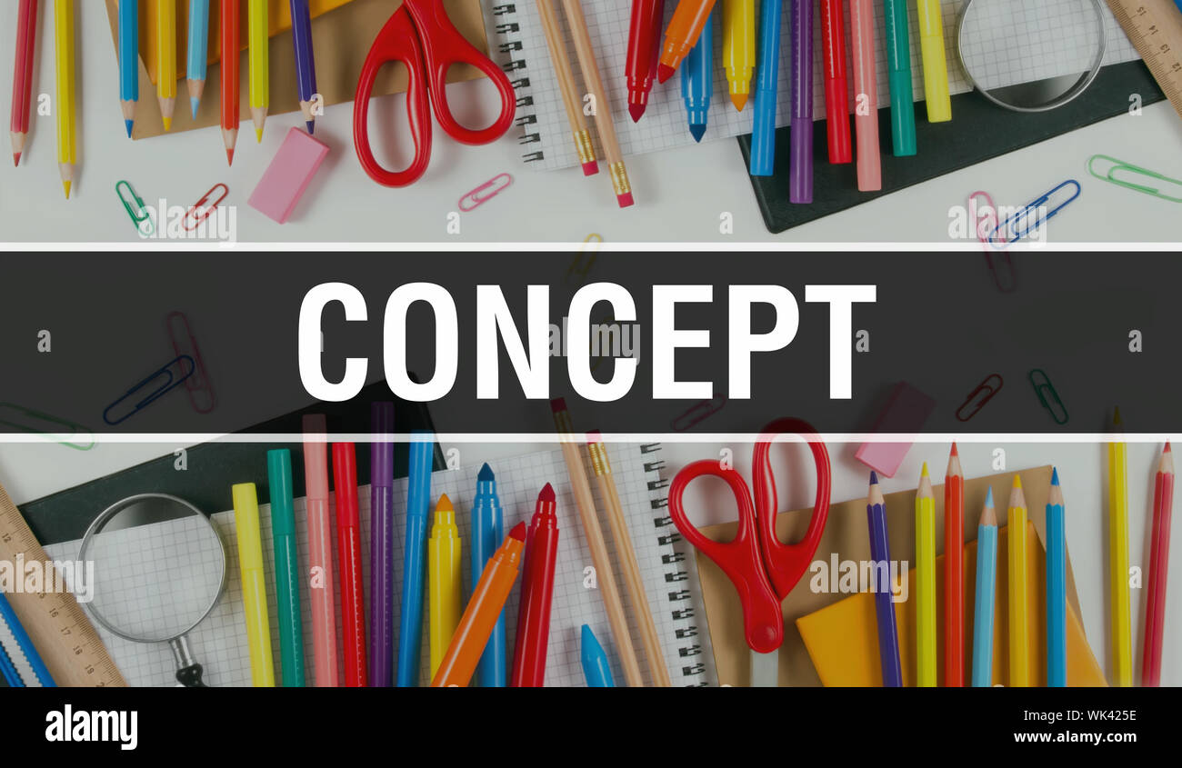 concept with School supplies on blackboard Background. concept text on ...