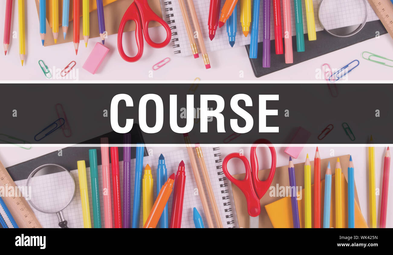 Course with School supplies on blackboard Background. Course text on ...