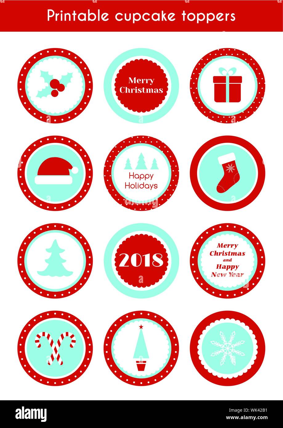 Christmas printable vector stickers. Circle cupcake toppers, labels for ...