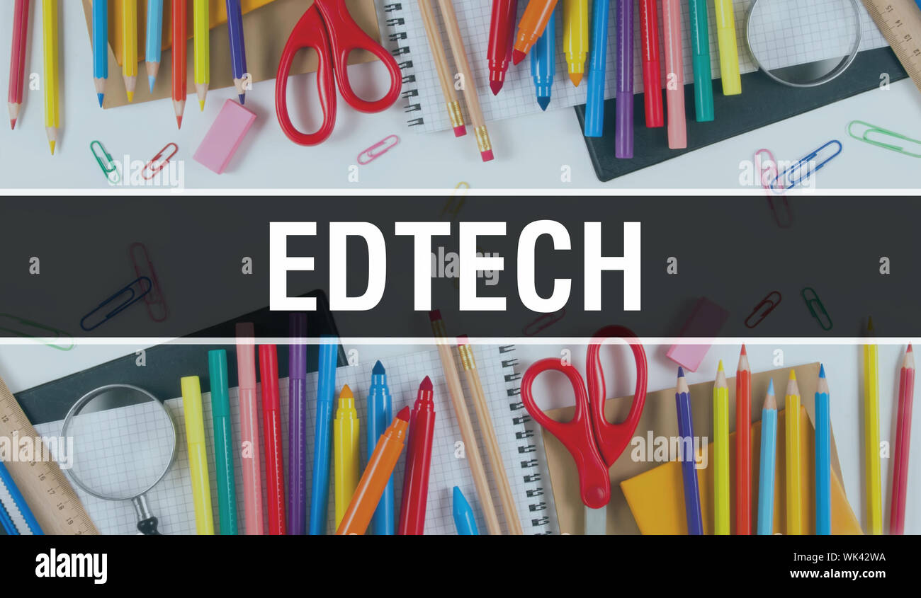 EdTech with School supplies on blackboard Background. EdTech text on ...