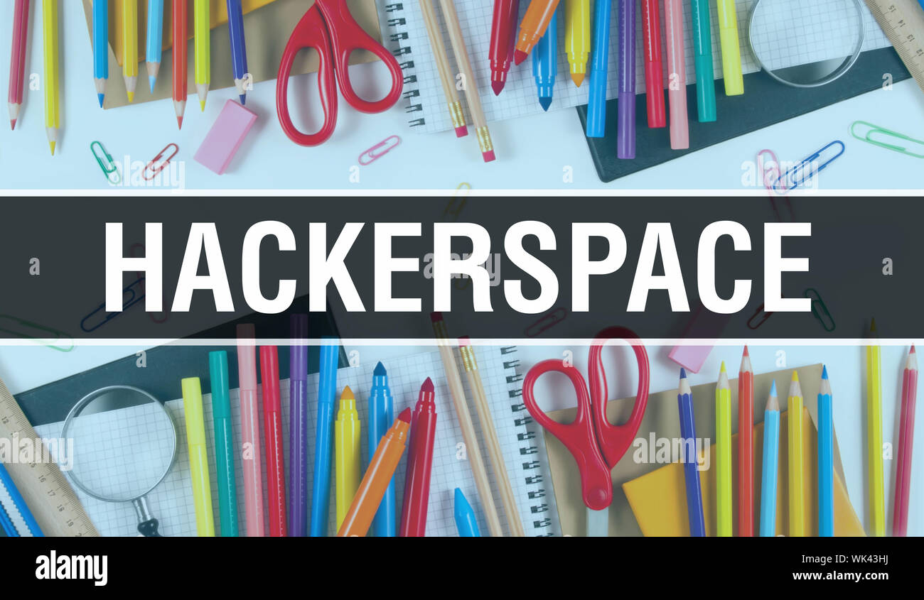 Hackerspace with School supplies on blackboard Background. Hackerspace ...