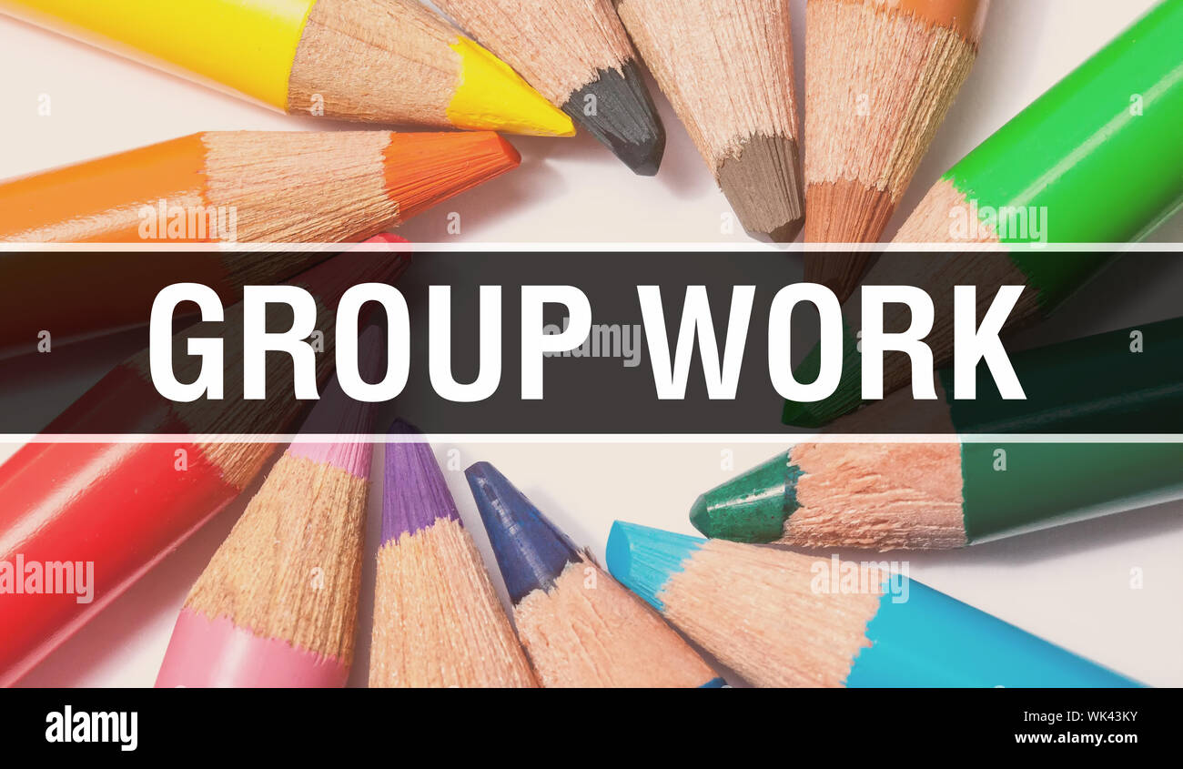 group work concept banner with texture from colorful items of education ...