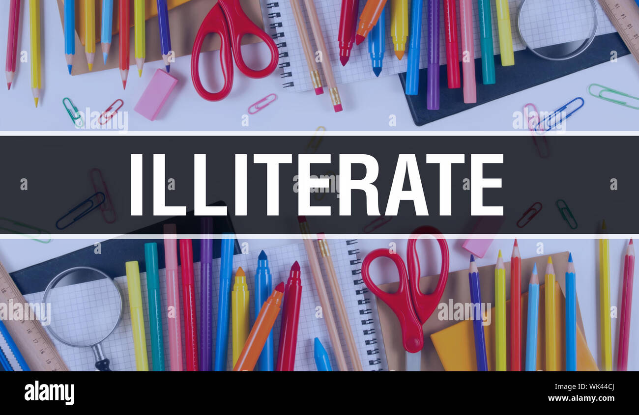 Illiterate with School supplies on blackboard Background. Illiterate ...