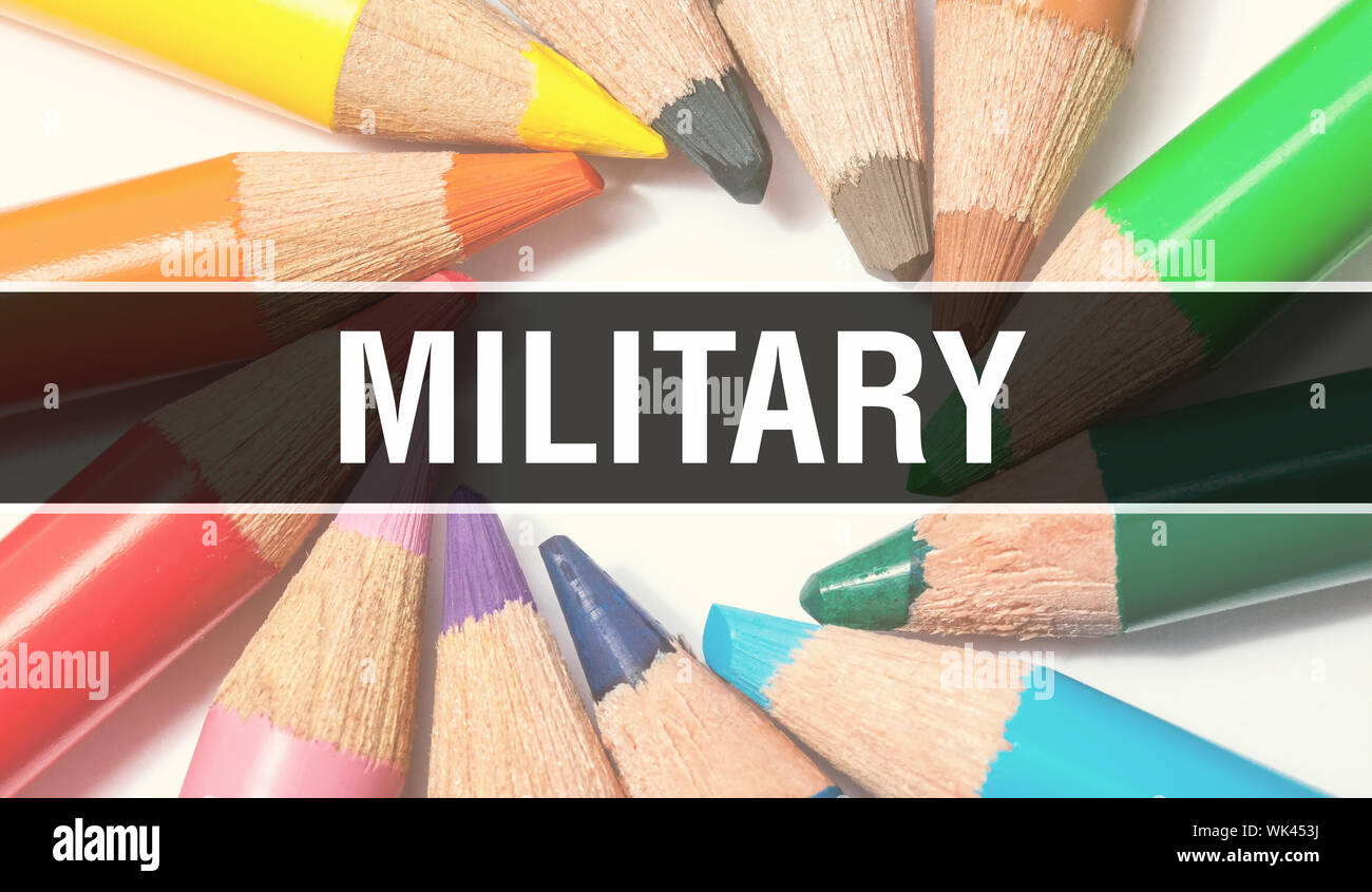 Military concept banner with texture from colorful items of education ...