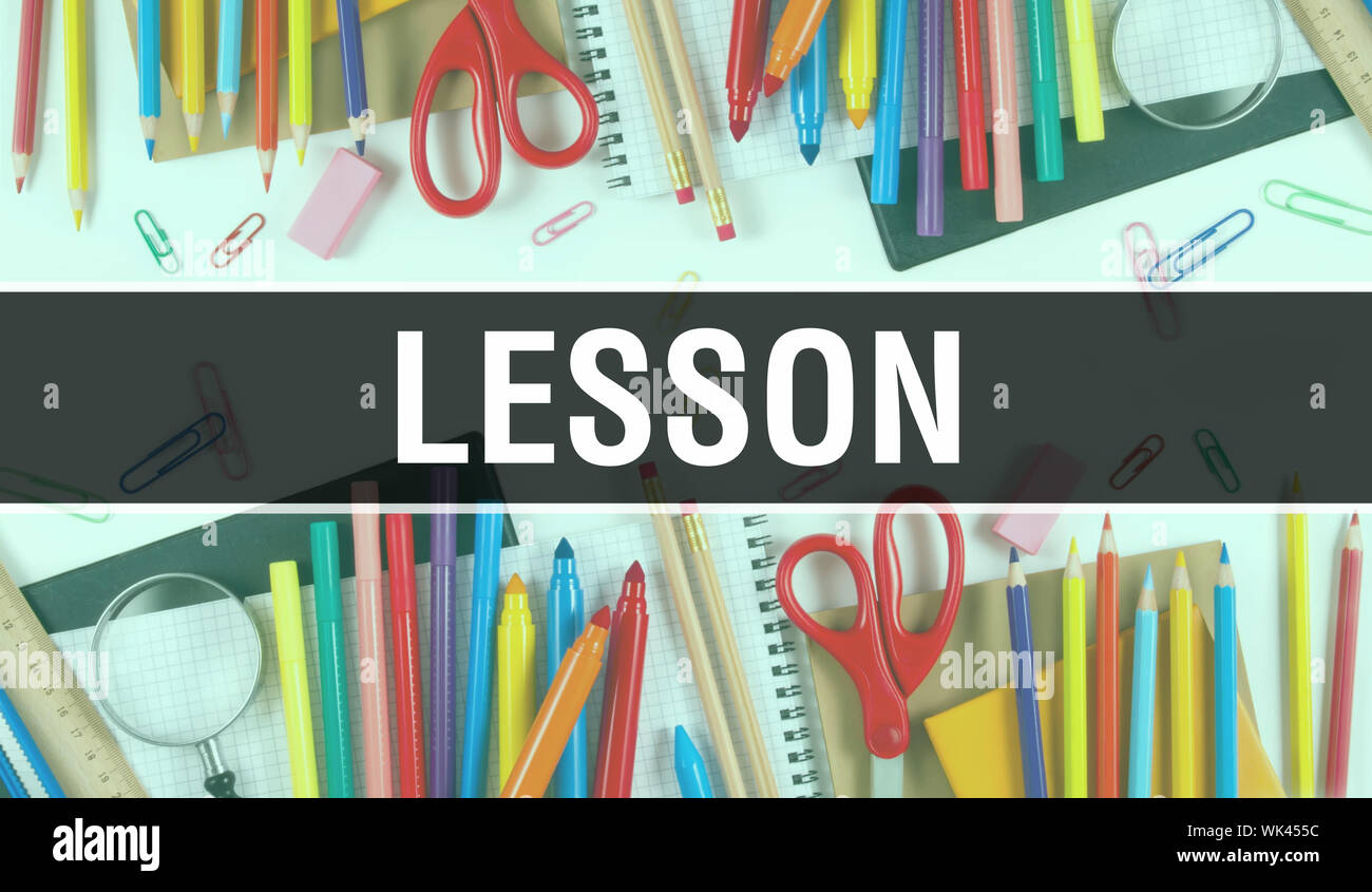 lesson with School supplies on blackboard Background. lesson text on ...