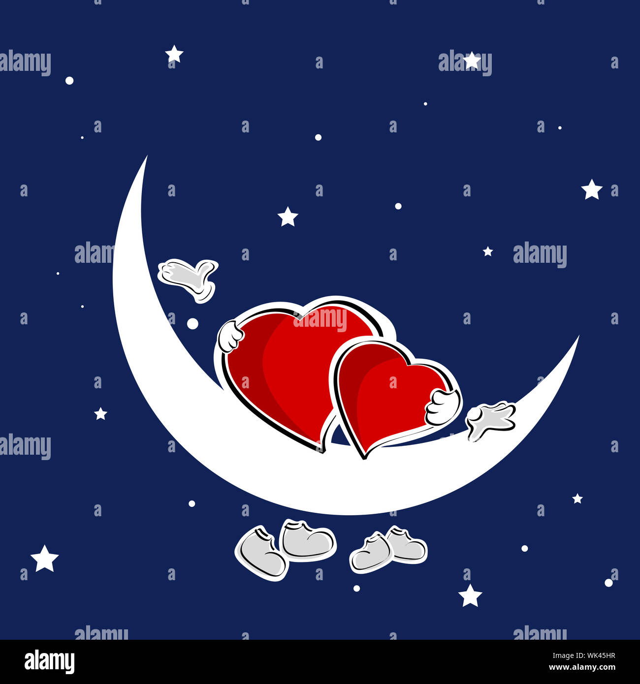 illustration of l loving hearts sitting on moon with stars around Stock ...