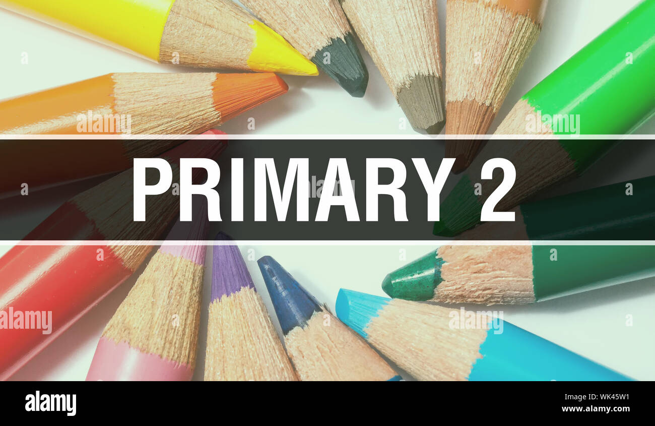 Primary 2 concept banner with texture from colorful items of education ...
