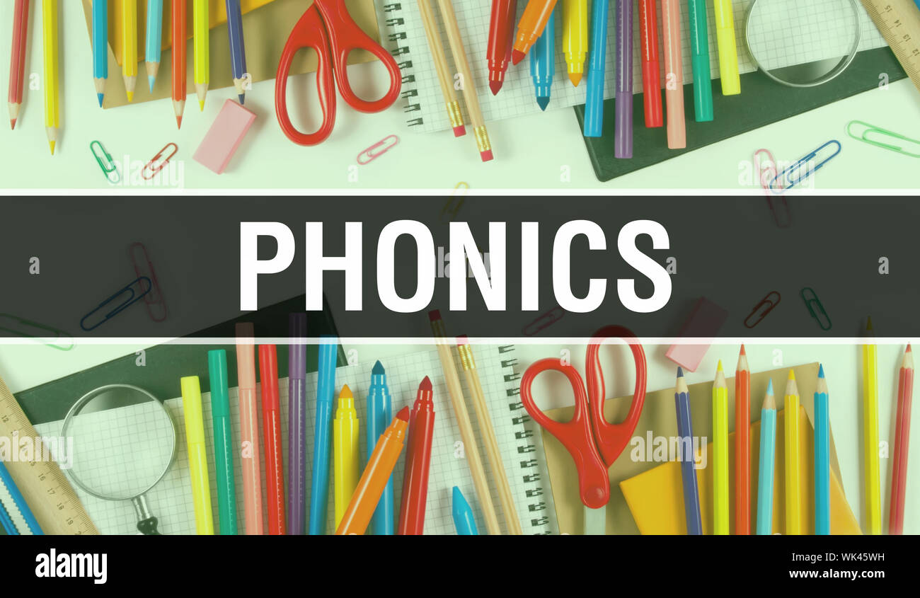 Phonics with School supplies on blackboard Background. Phonics text on ...