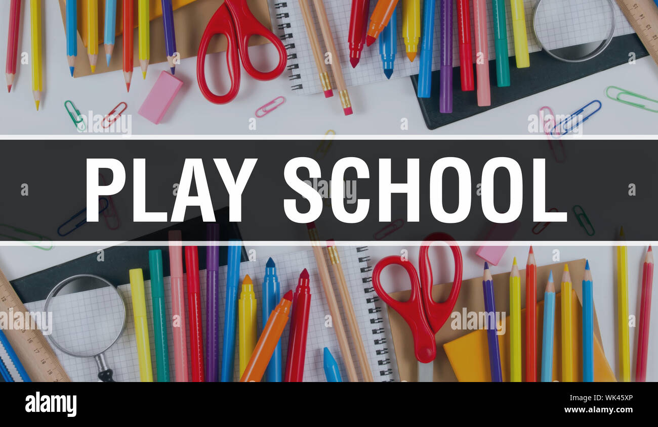 play school with School supplies on blackboard Background. play school ...