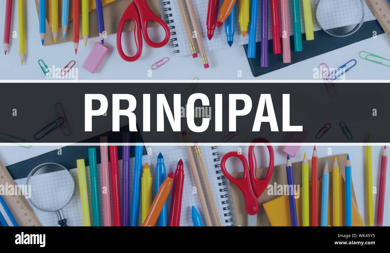 principal with School supplies on blackboard Background. principal text ...