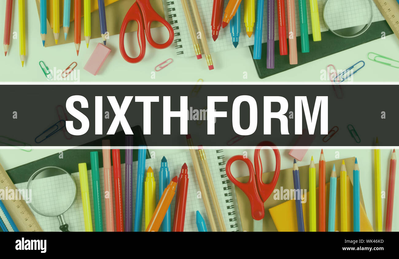 Sixth form with School supplies on blackboard Background. Sixth form ...