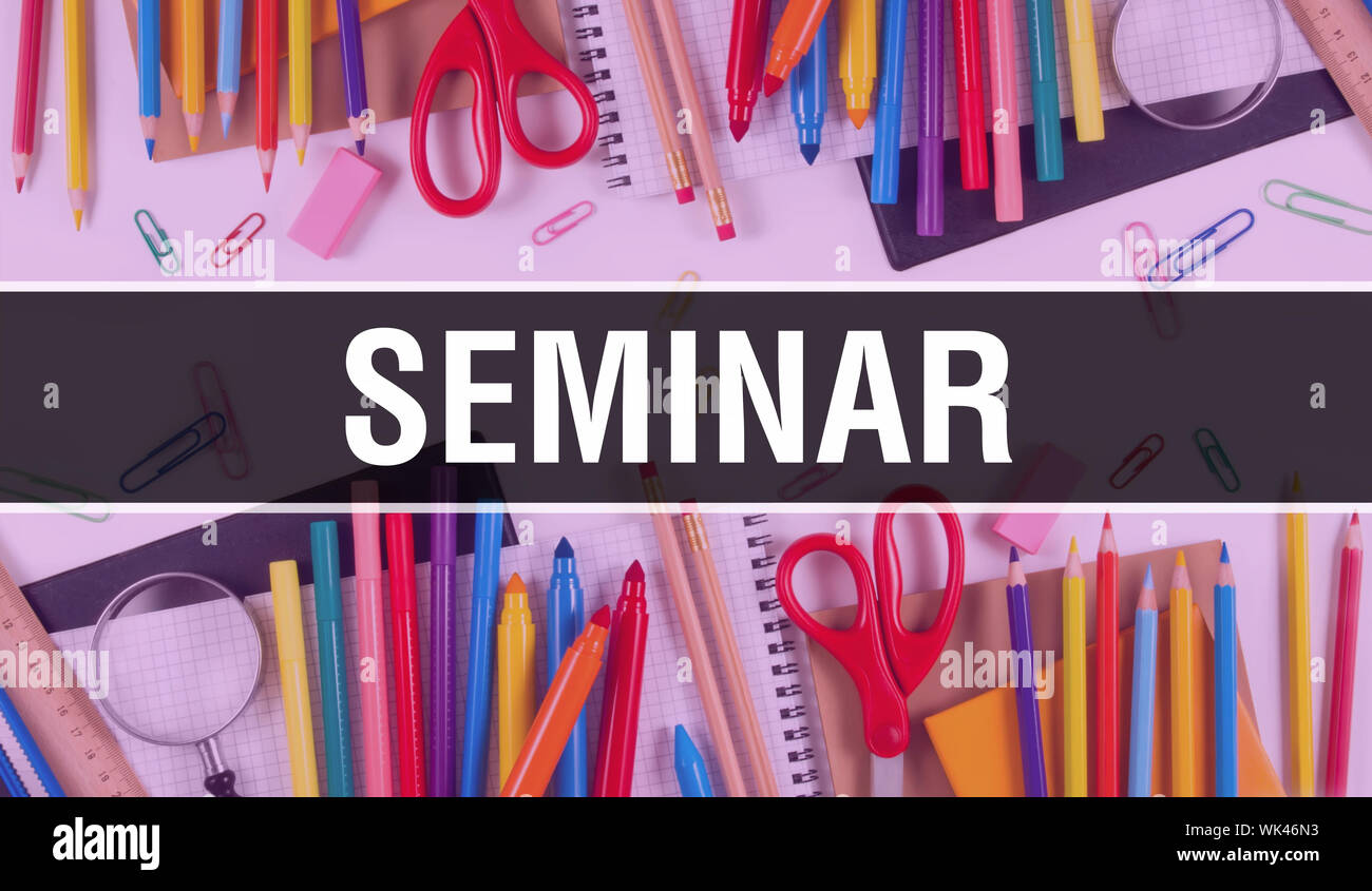 seminar with School supplies on blackboard Background. seminar text on ...