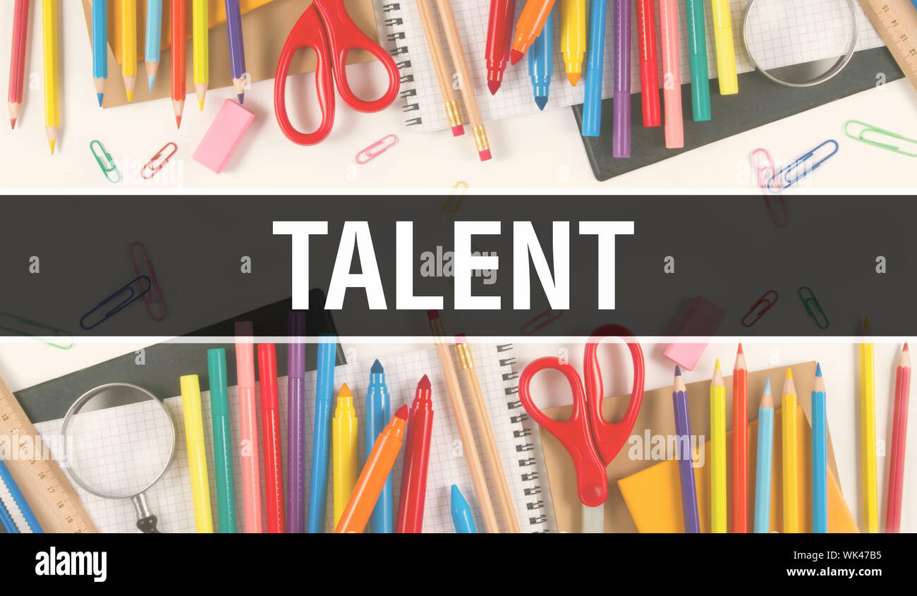 Talent with School supplies on blackboard Background. Talent text on ...