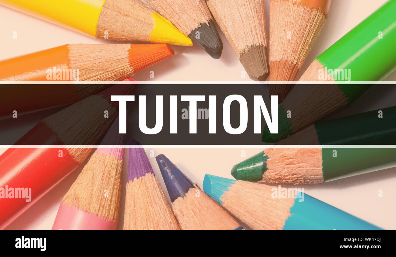 tuition concept banner with texture from colorful items of education ...
