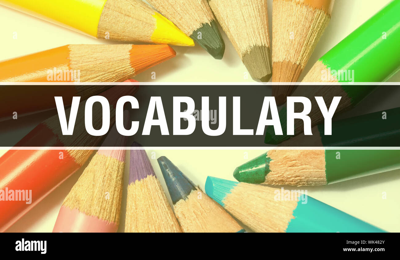 Vocabulary concept banner with texture from colorful items of education ...